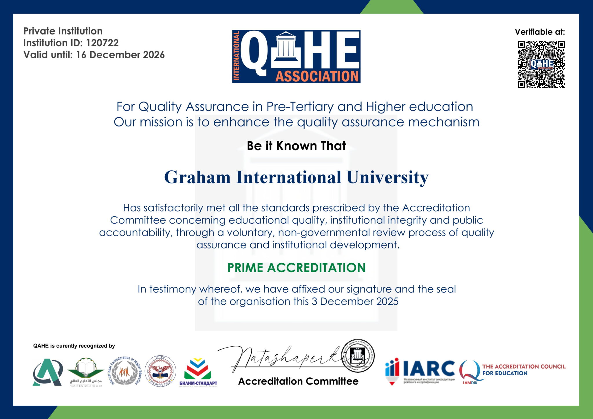 Recognition & Accreditation - Graham International University